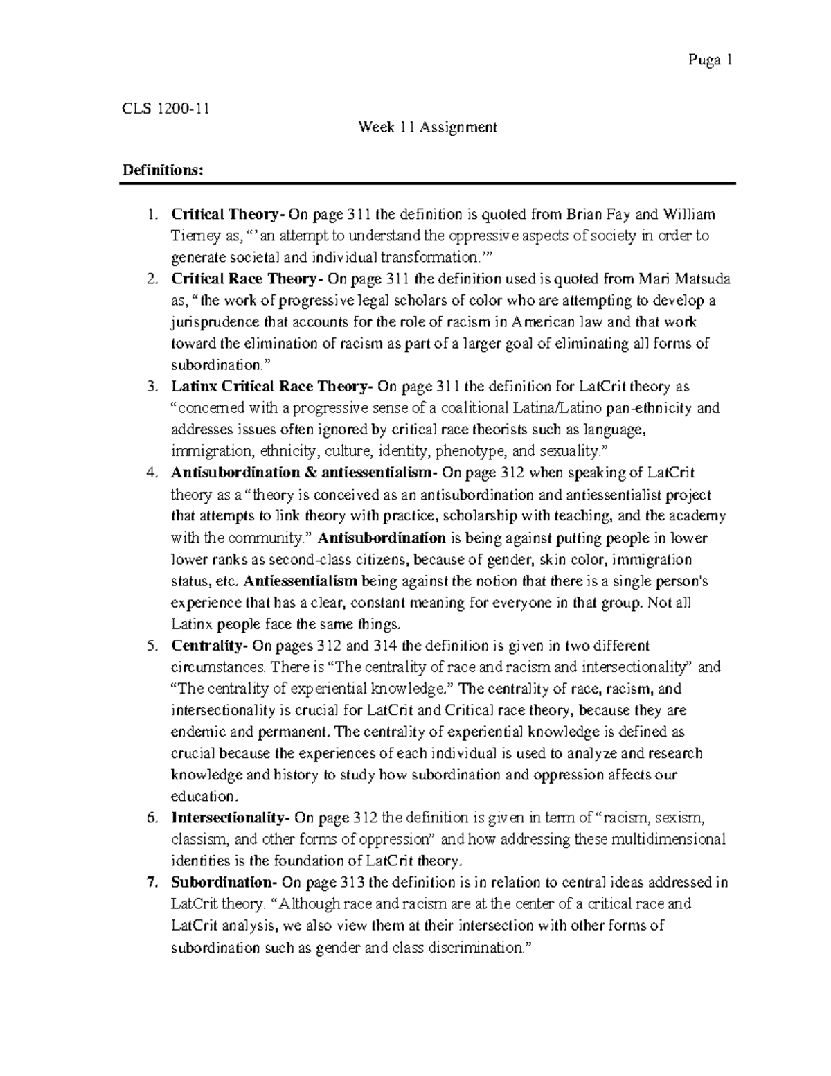 CLS 1200 Definition n Questions - CLS 1200- Week 11 Assignment ...