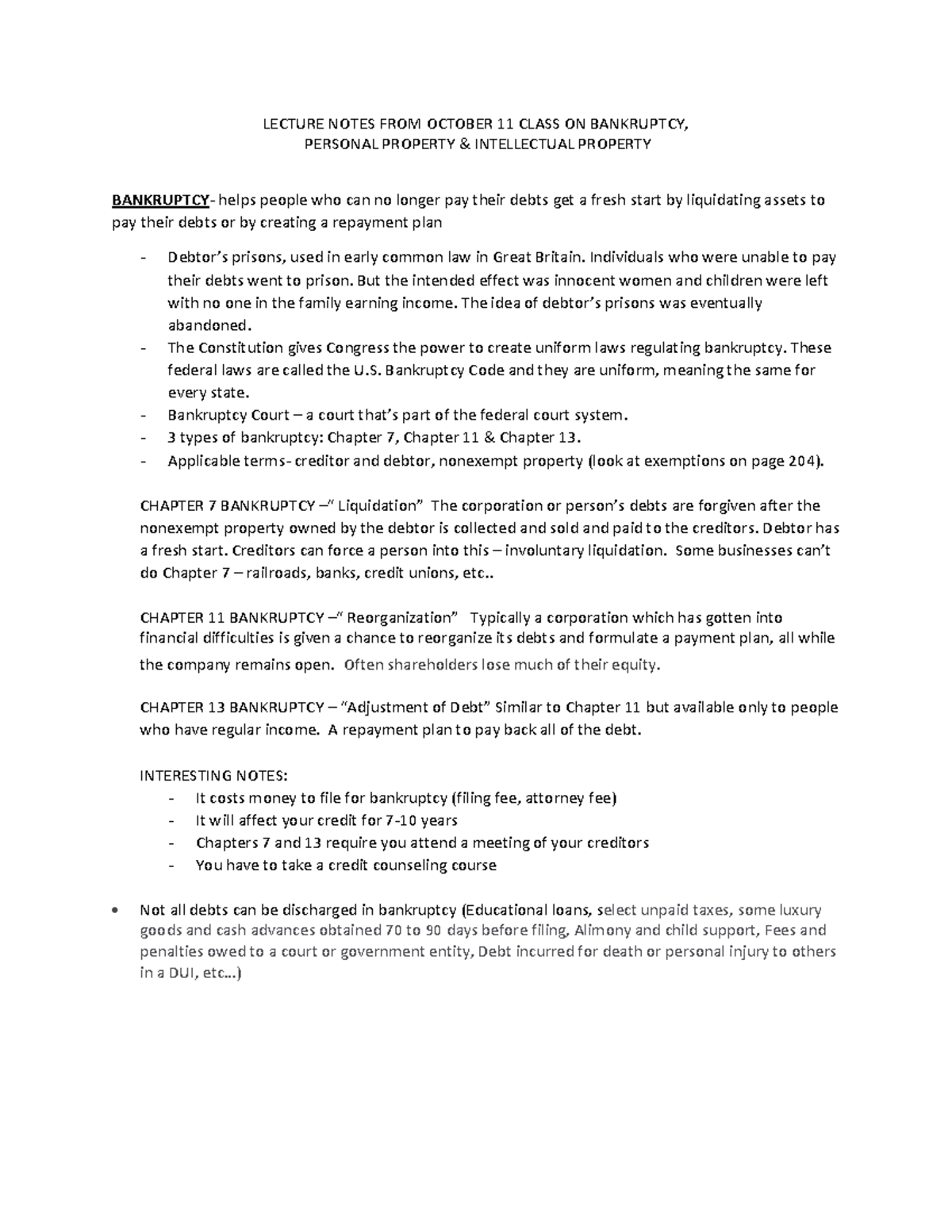 Lecture Notes FROM October 11 Class ON Bankruptcy - LECTURE NOTES FROM ...