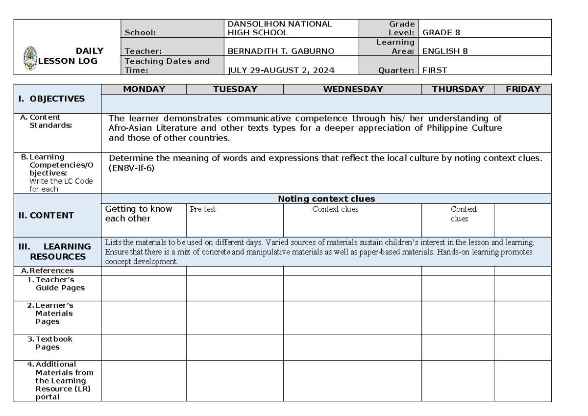 JULY 29- August 2, 2024 English 8 - DAILY LESSON LOG School: DANSOLIHON ...