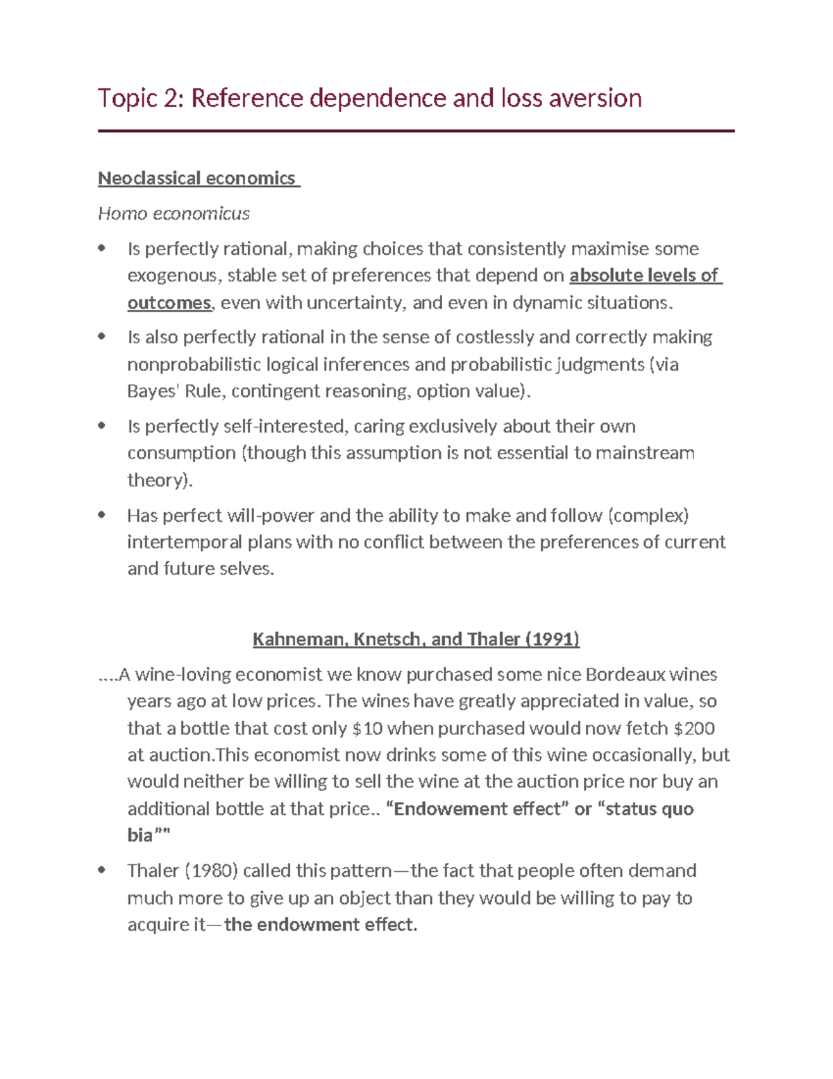 Topic 2 - Topic 2: Reference dependence and loss aversion Neoclassical ...