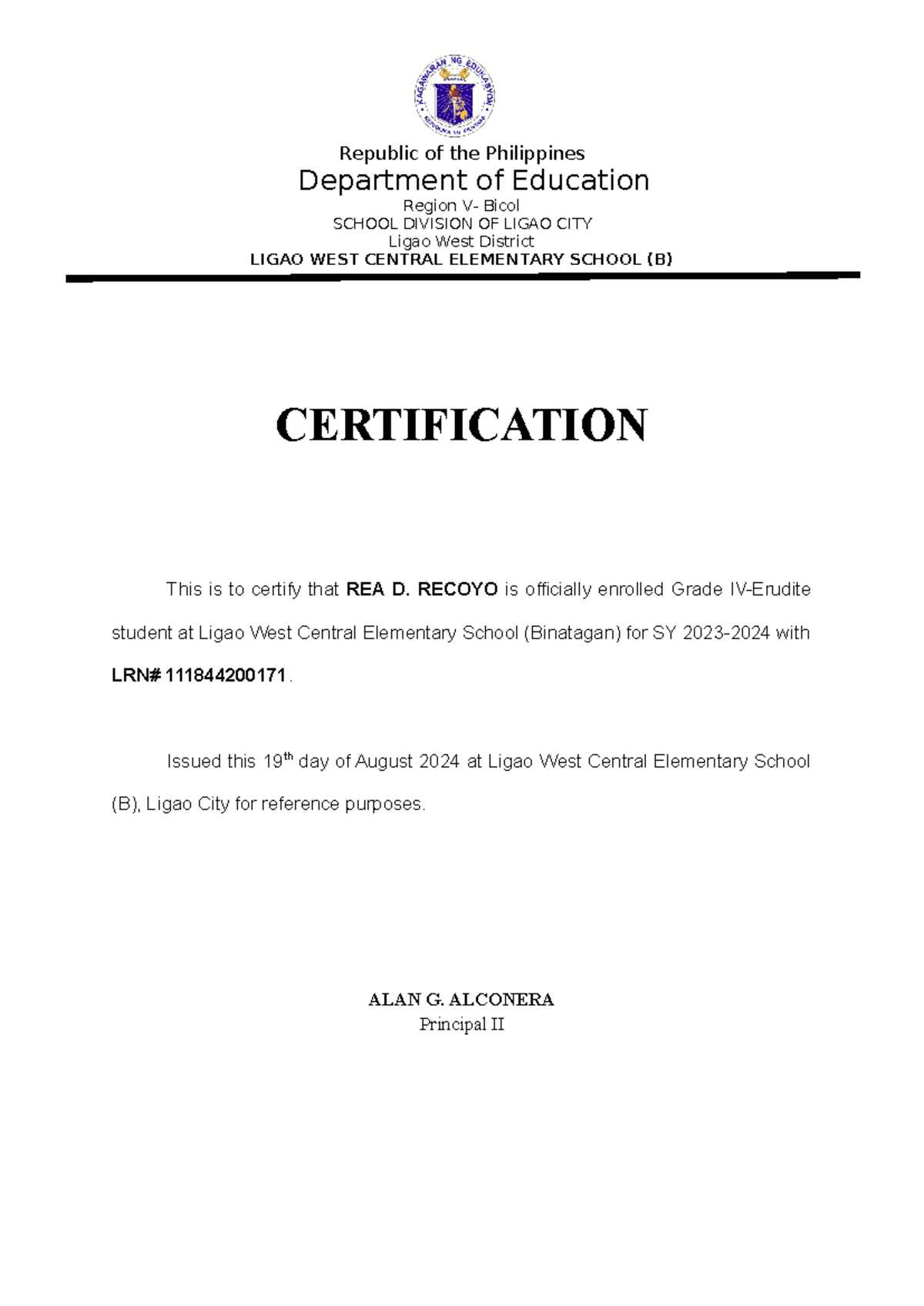 Certification (F137) - Note for essay - Department of Education Region ...