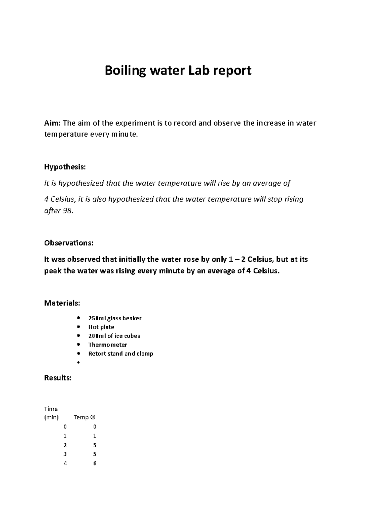 Boiling water report - Boiling water Lab report Aim: The aim of the ...