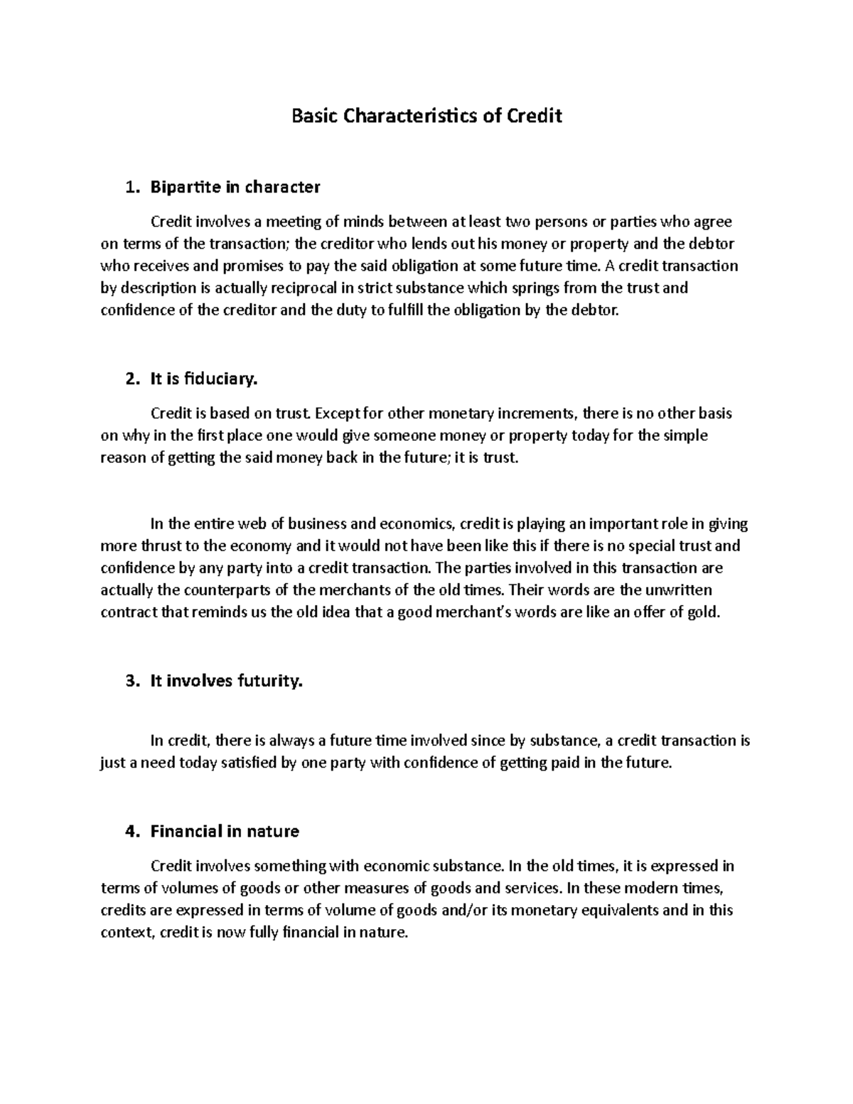 Basic Characteristics of Credit - Bipartite in character Credit ...