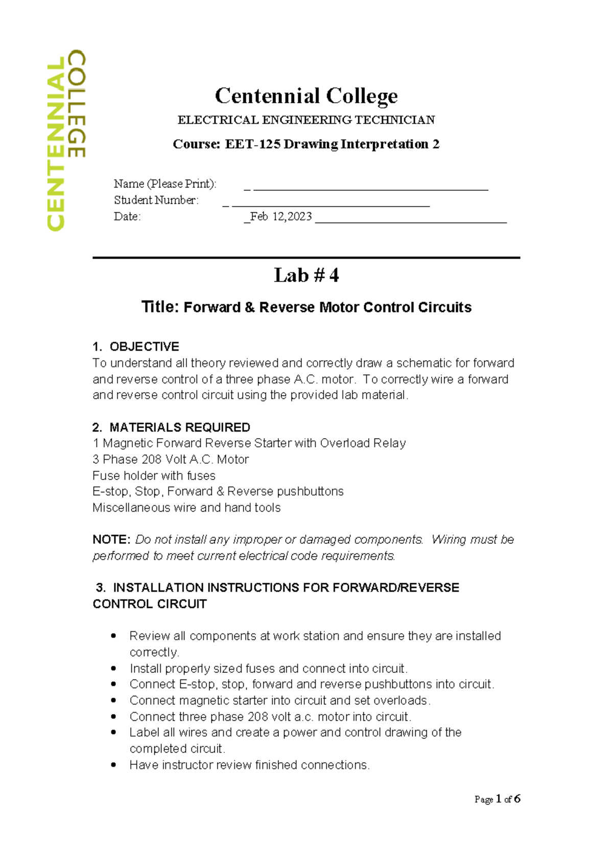 Lab 4 - Lab 4 - Centennial College ELECTRICAL ENGINEERING TECHNICIAN Course: EET-125 Drawing ...