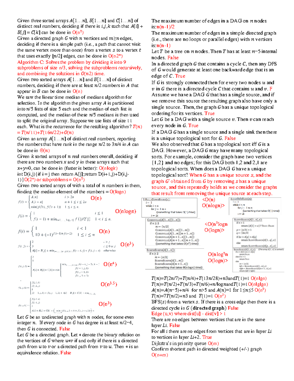 CS 374 m2 cheatsheet - 374 - Given three sorted arrays ý[1...Ā], þ[1 ...