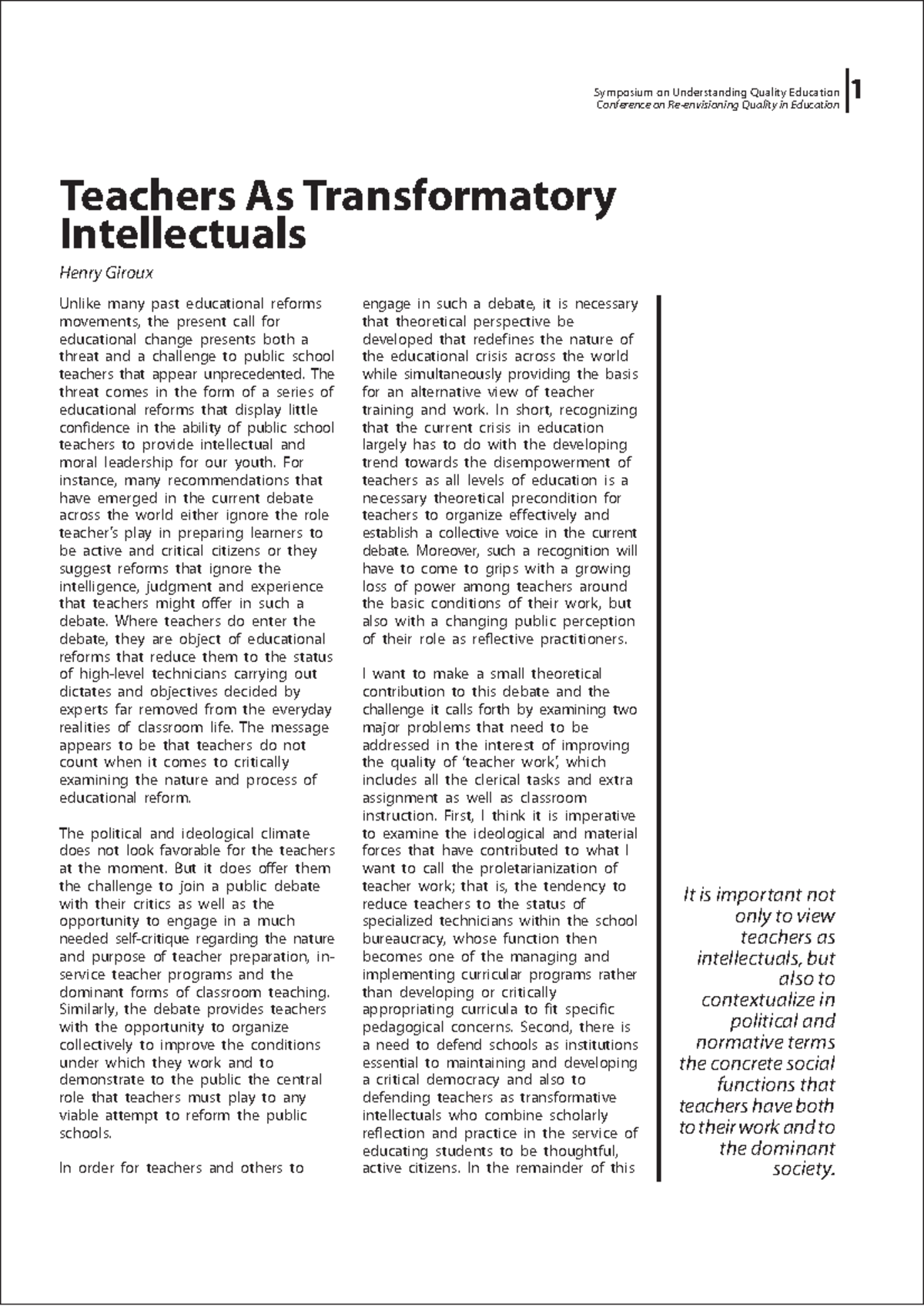 Giroux Teachers as Transformatory Intellectuals - - Studocu