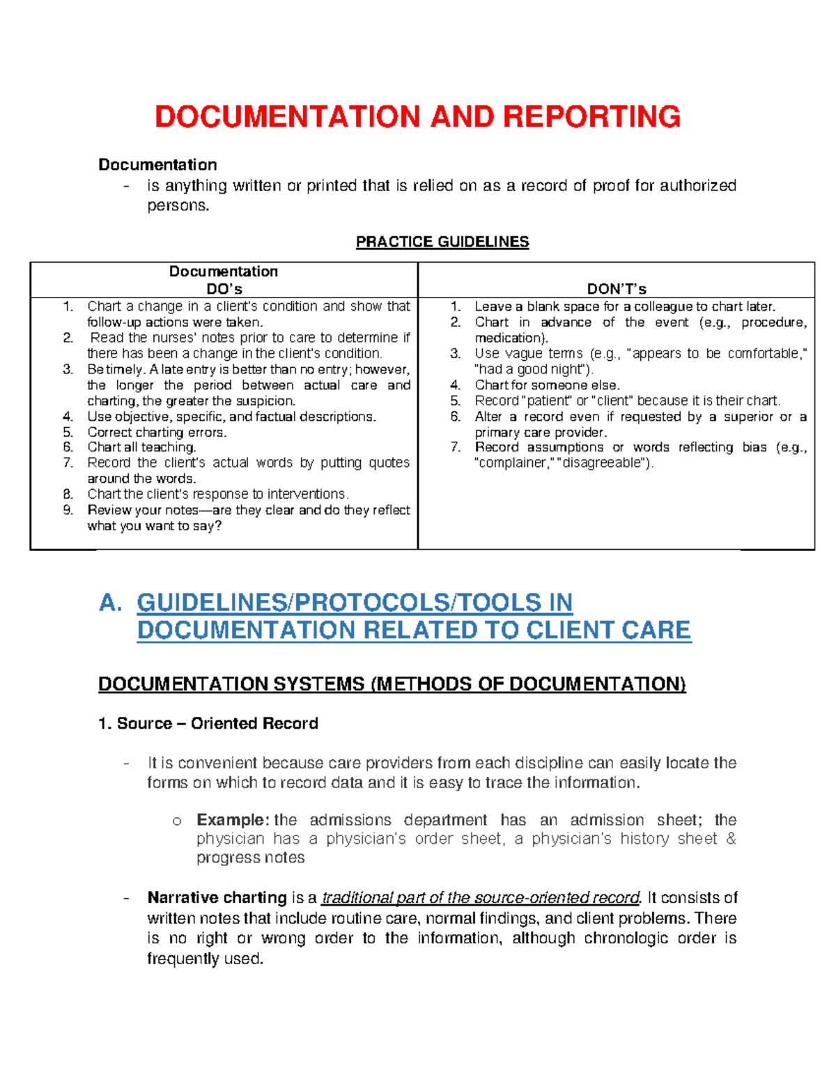 Documenting- Reporting - DOCUMENTATION AND REPORTING Documentation - is ...
