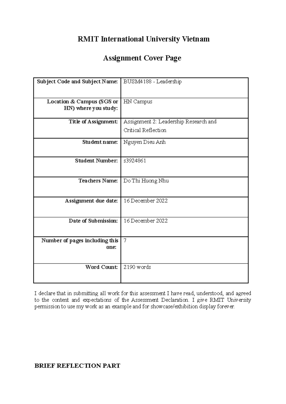 Nguyen Dieu Anh - s3924861 - Leadership ASM 2 - Individual - RMIT ...