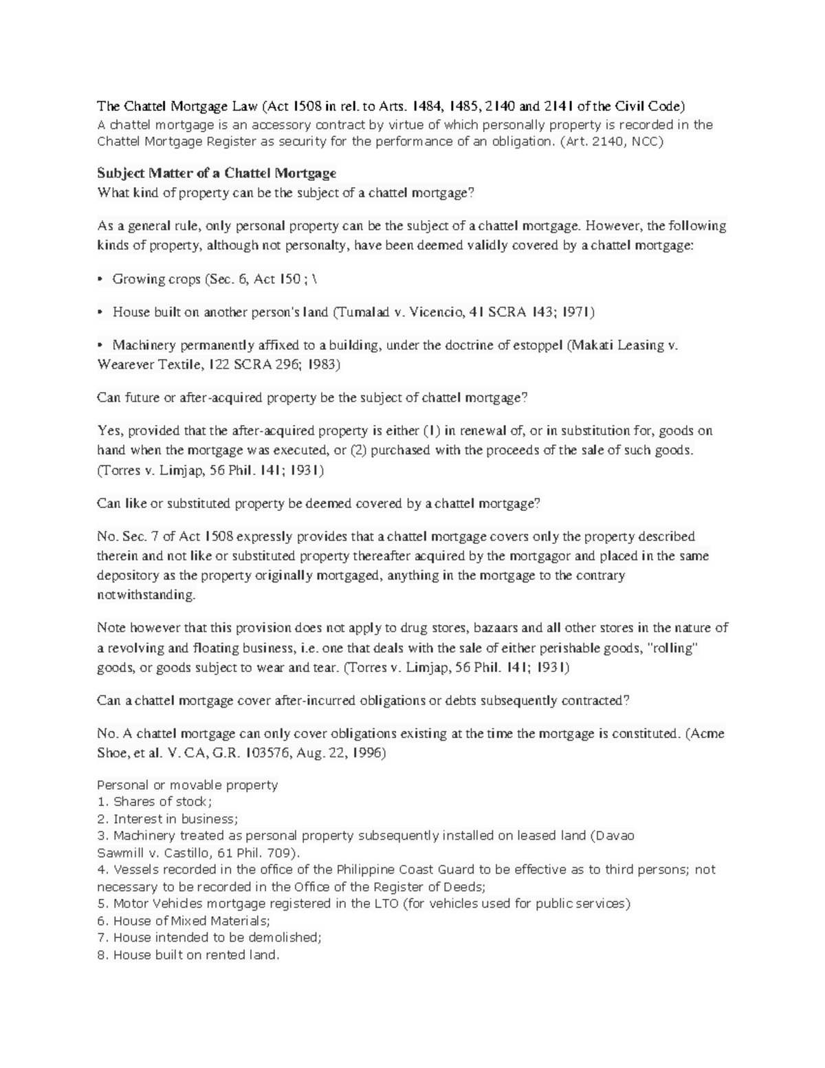 Chattel Mortgage Law - Law on Obligations and Contracts with ...