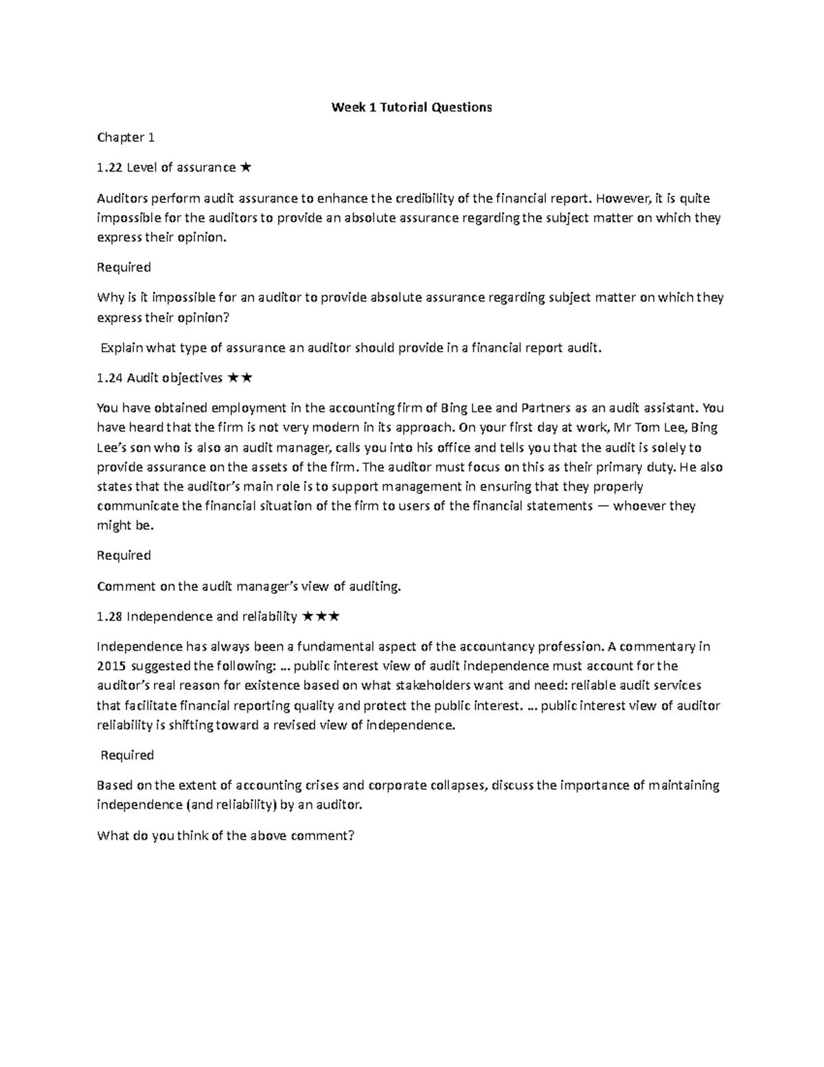 Week 1 Tutorial questions - Auditing - USP - Studocu