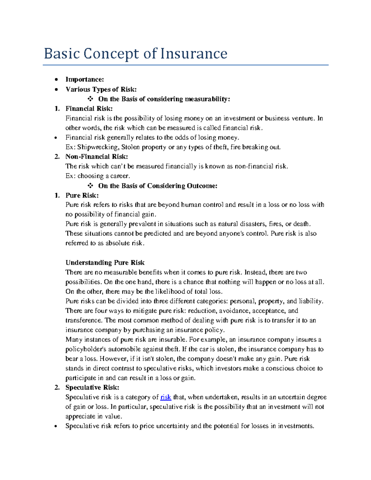 Basic Concept of Insurance - In other words, the risk which can be ...