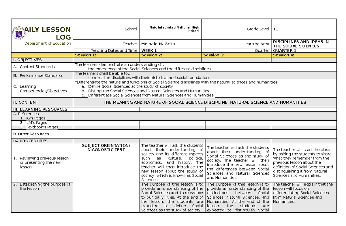 DISS Q1 WEEK1.docx edited - DAILY LESSON LOG Department of Education ...