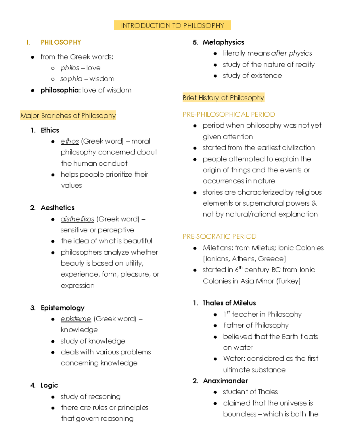 Introduction to Philosophy - I. PHILOSOPHY from the Greek words: philos ...