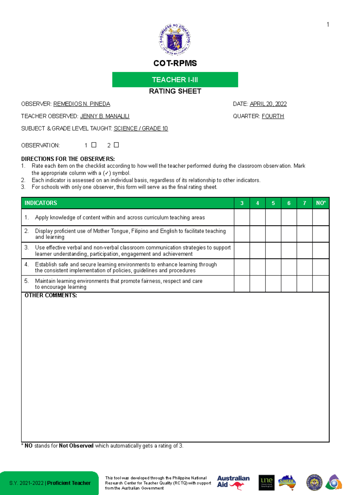 [Appendix 3C] COT-RPMS Rating Sheet for T I-III for SY 2021-2022 in the ...