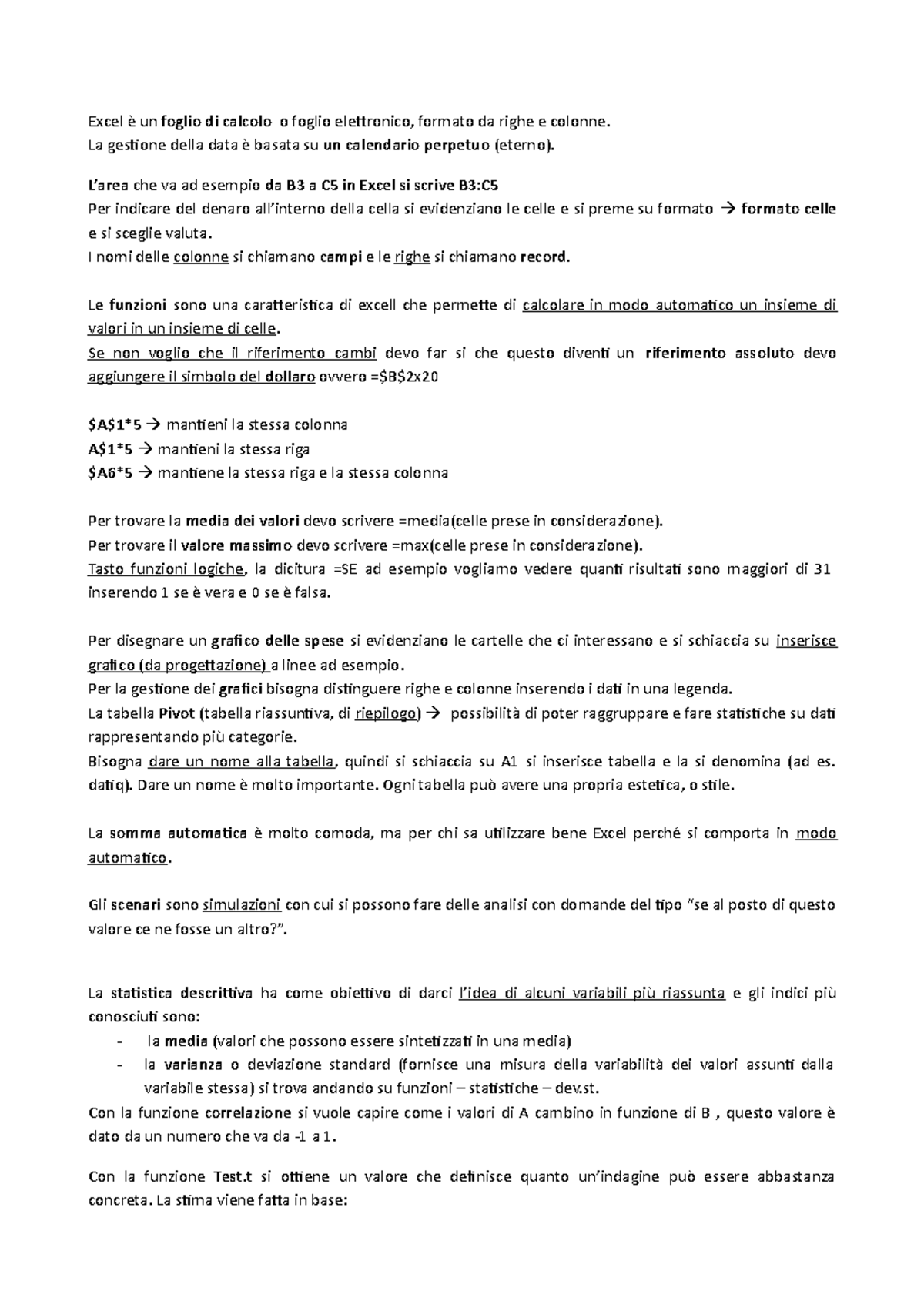 Informatica appunti - Excel è un foglio di calcolo o foglio elettronico, formato da righe e ...