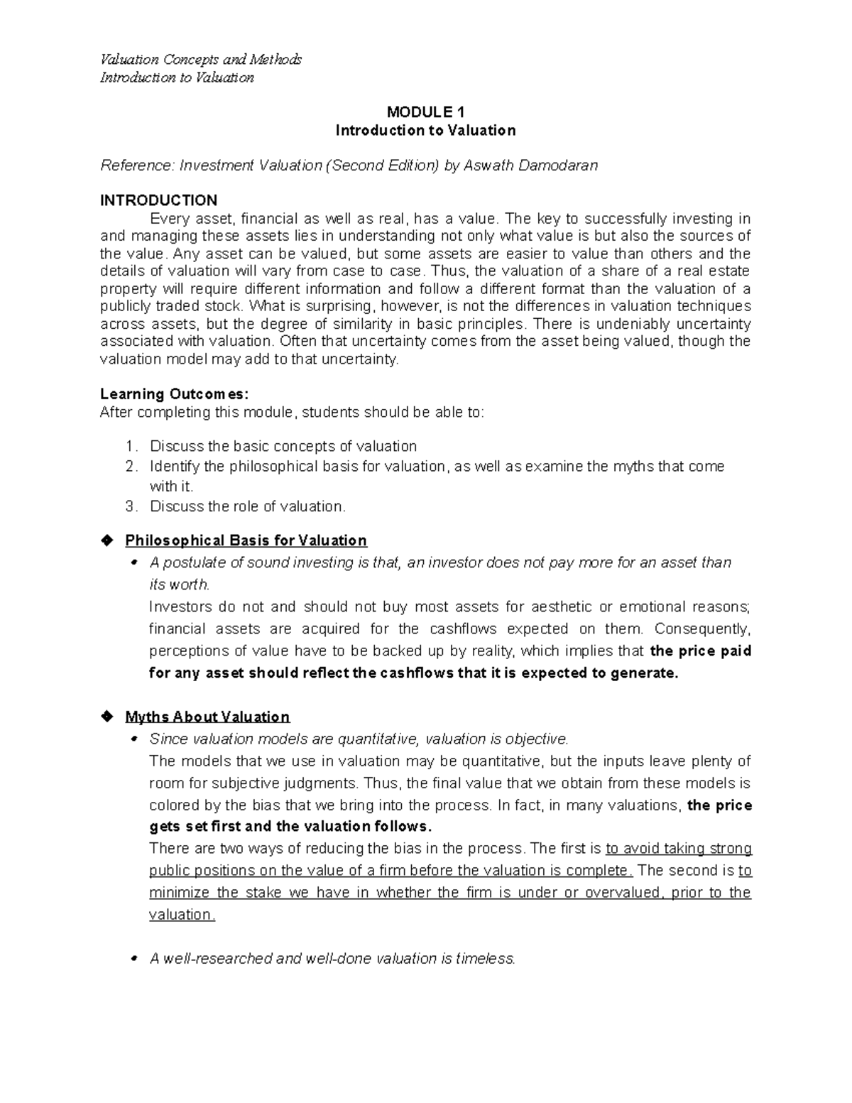 Module 1 - Introduction to Valuation - Introduction to Valuation MODULE ...