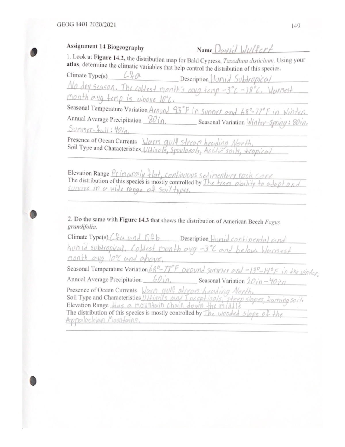 Lab 14 worksheet answers - GEOG 1401 149 Assignment 14 Biogeography ...