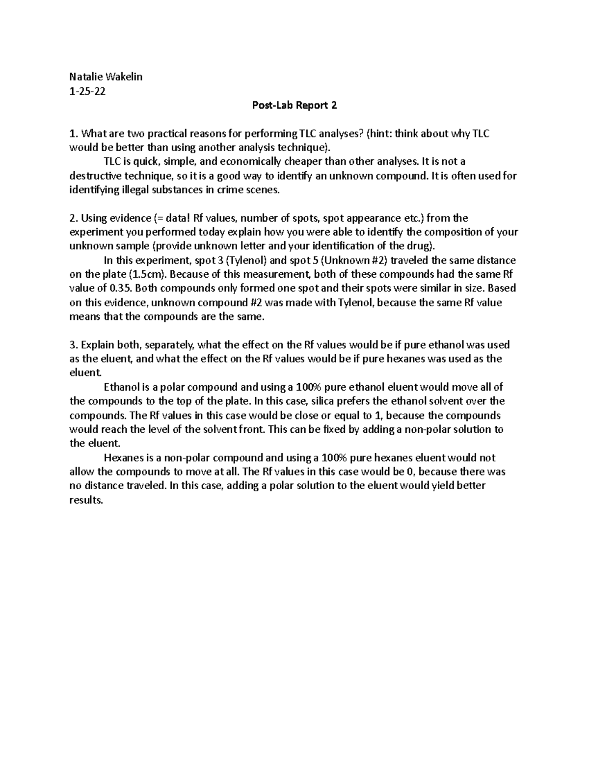 TLC Chromatography Post-Lab Report - Natalie Wakelin 1-25- Post-Lab ...