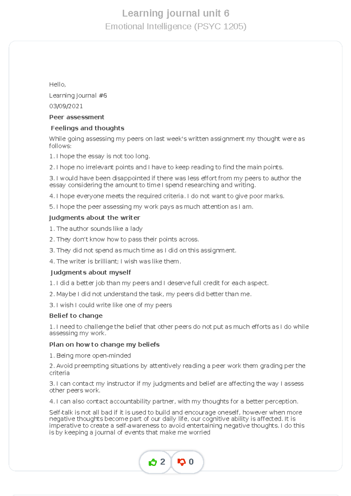 Journal - EI - Learning journal unit 6 Emotional Intelligence (PSYC 1205) Hello, Learning ...