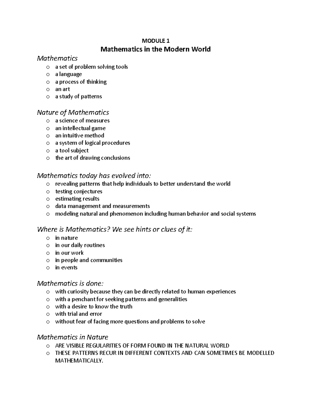Module-1-notes - Lecture notes 2 - MODULE 1 Mathematics in the Modern ...