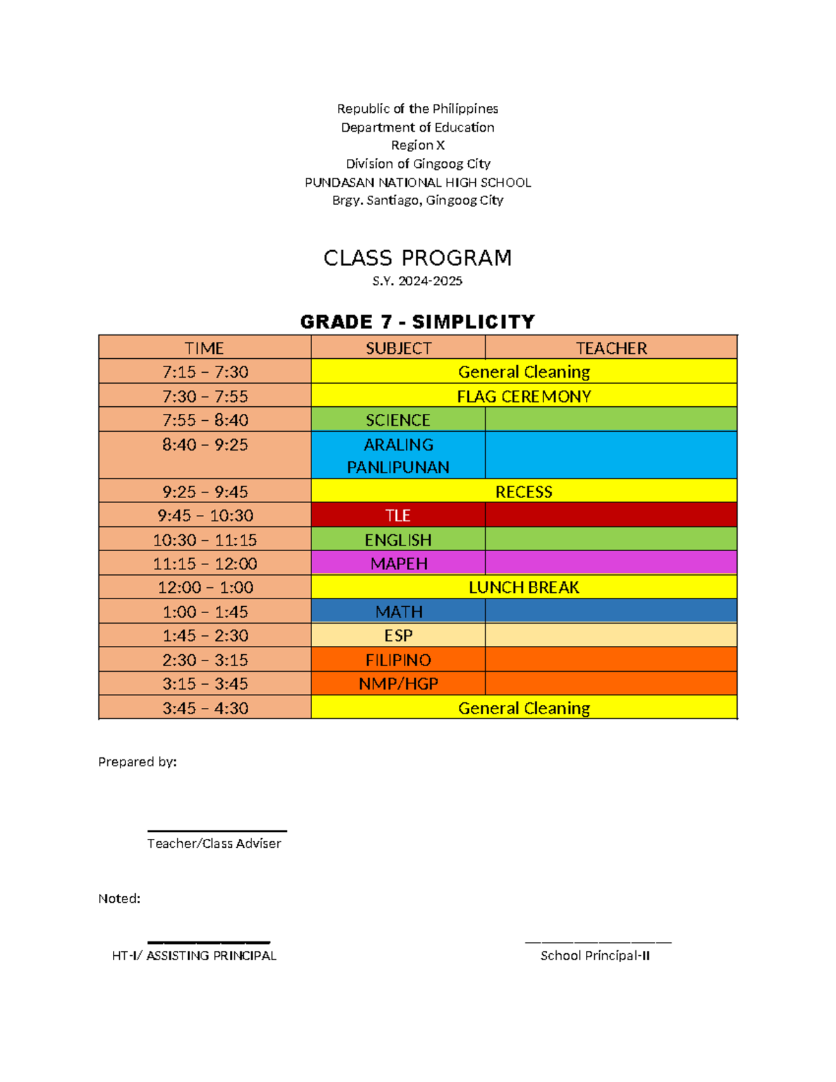 Class Schedule - ............. - Republic of the Philippines Department ...