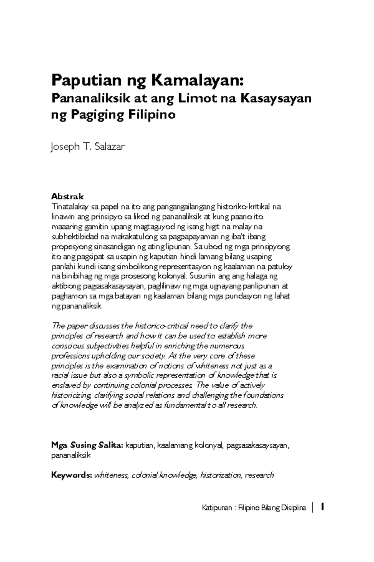 Paputian ng Kamalayan Pananaliksik at ang Limot na Kasaysayan ng Pagiging Filipino - Salazar ...