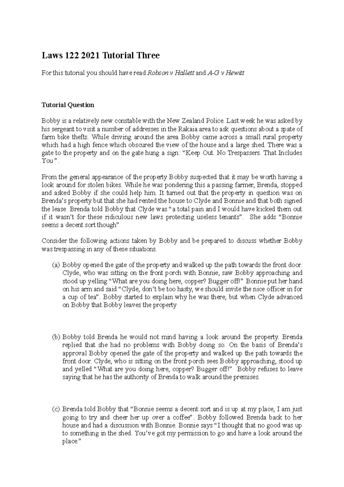 LAWS122 Tutorial 3 2021 Question - Laws 122 2021 Tutorial Three For ...