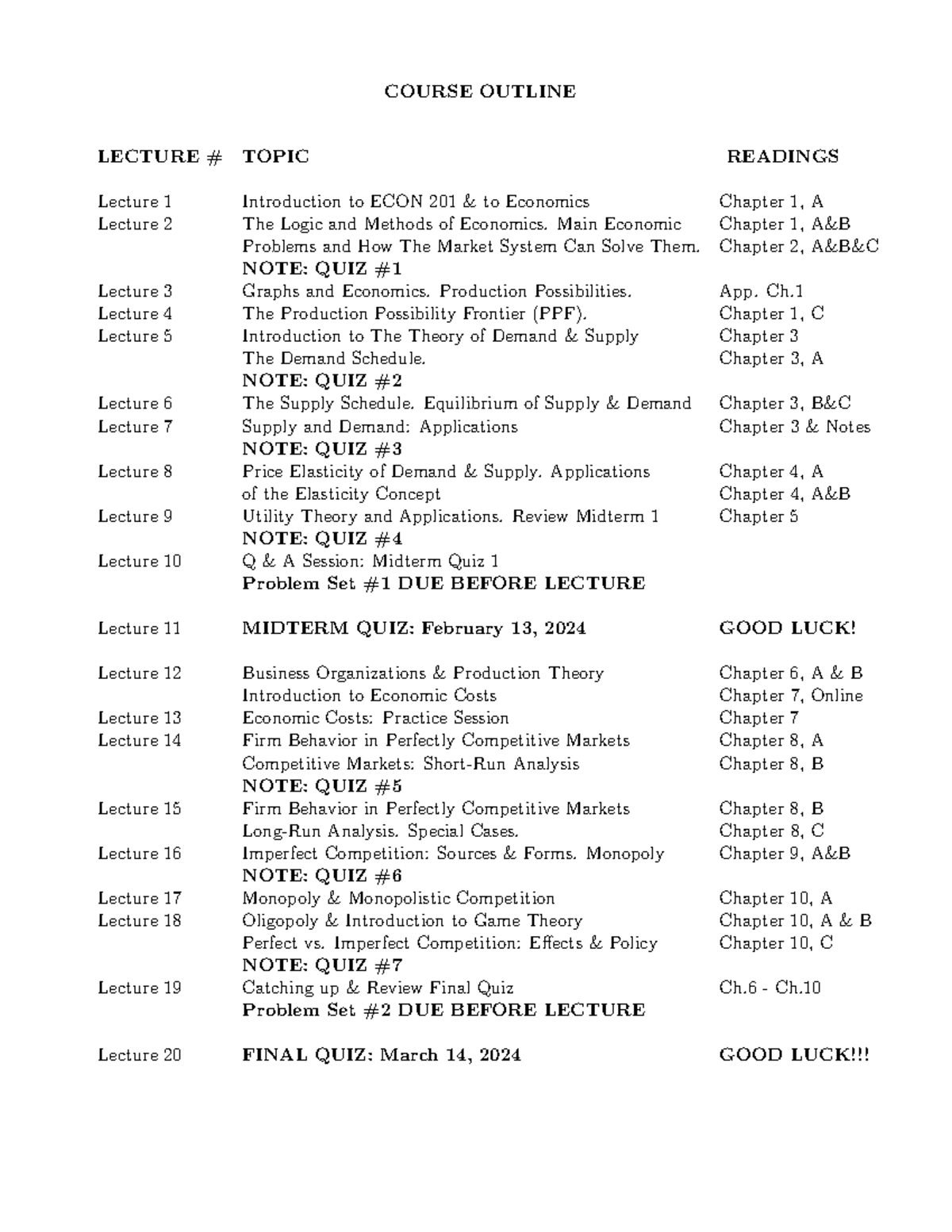 Course Outline ECON 201 W24 - COURSE OUTLINE LECTURE # TOPIC READINGS Lecture 1 Introduction to ...