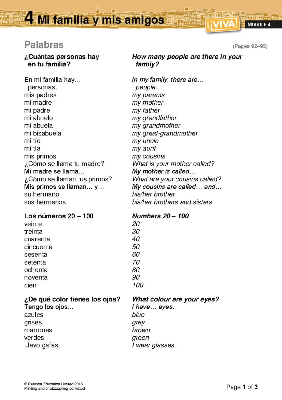 Viva1 m4 voclist - 4 Mi familia y mis amigos MODULE 4 © Pearson ...
