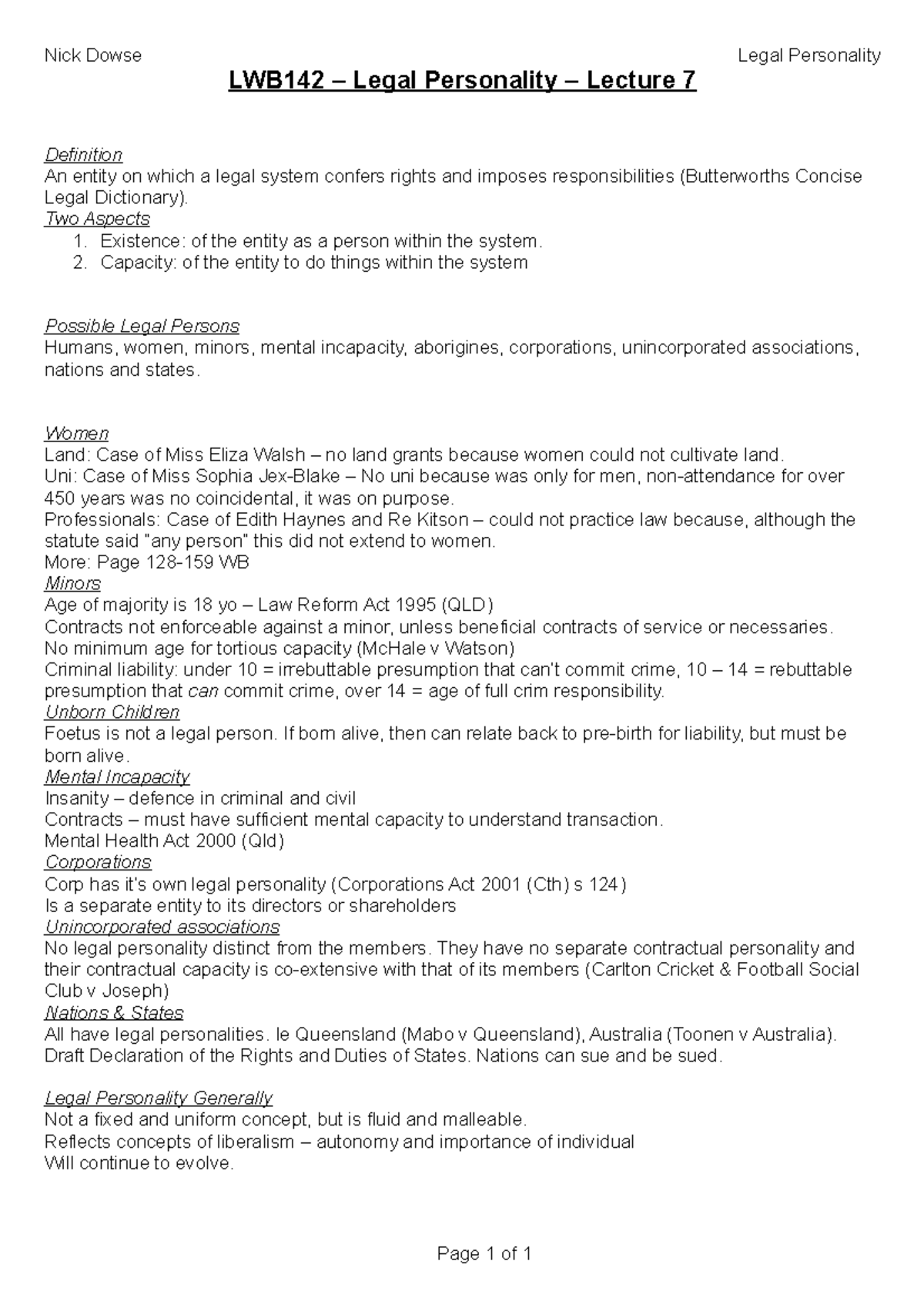 Legal Personality – Lecture 7 - Nick Dowse Legal Personality LWB142 ...
