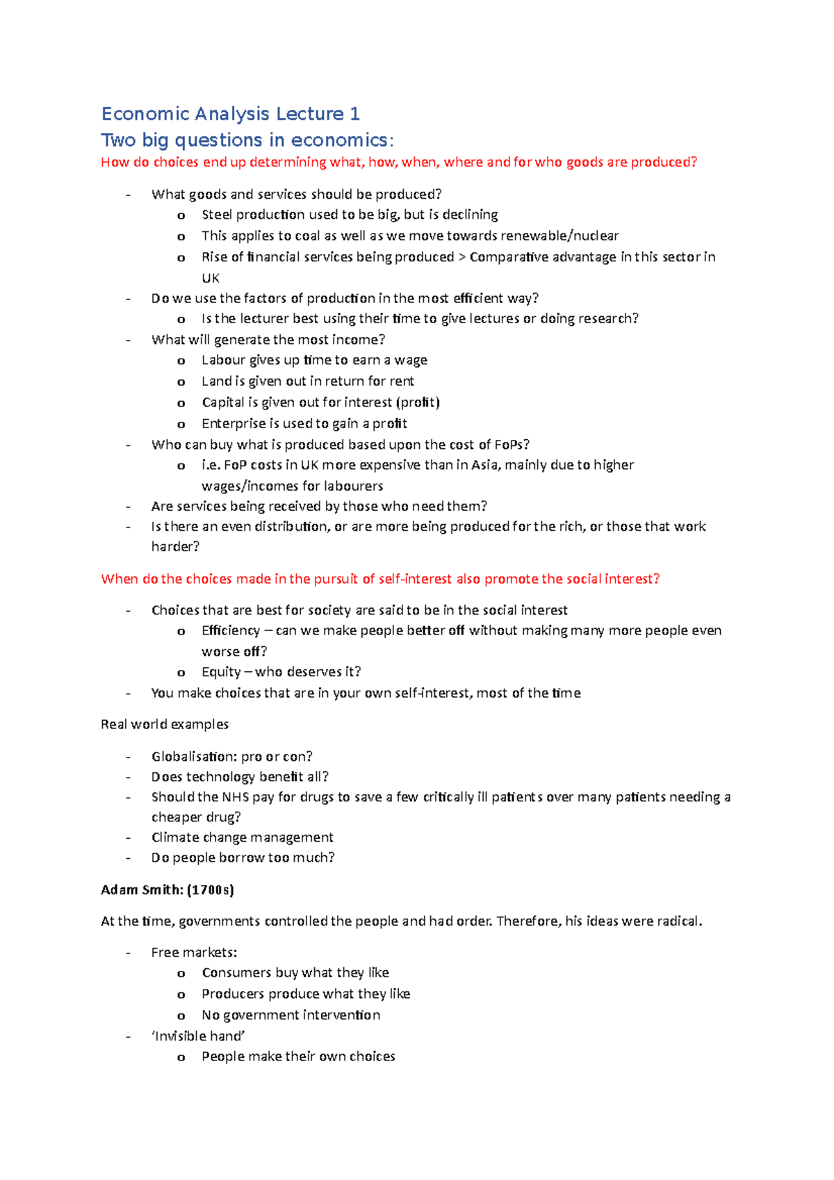 Lecture 1 - Economic Analysis Lecture 1 Two big questions in economics ...