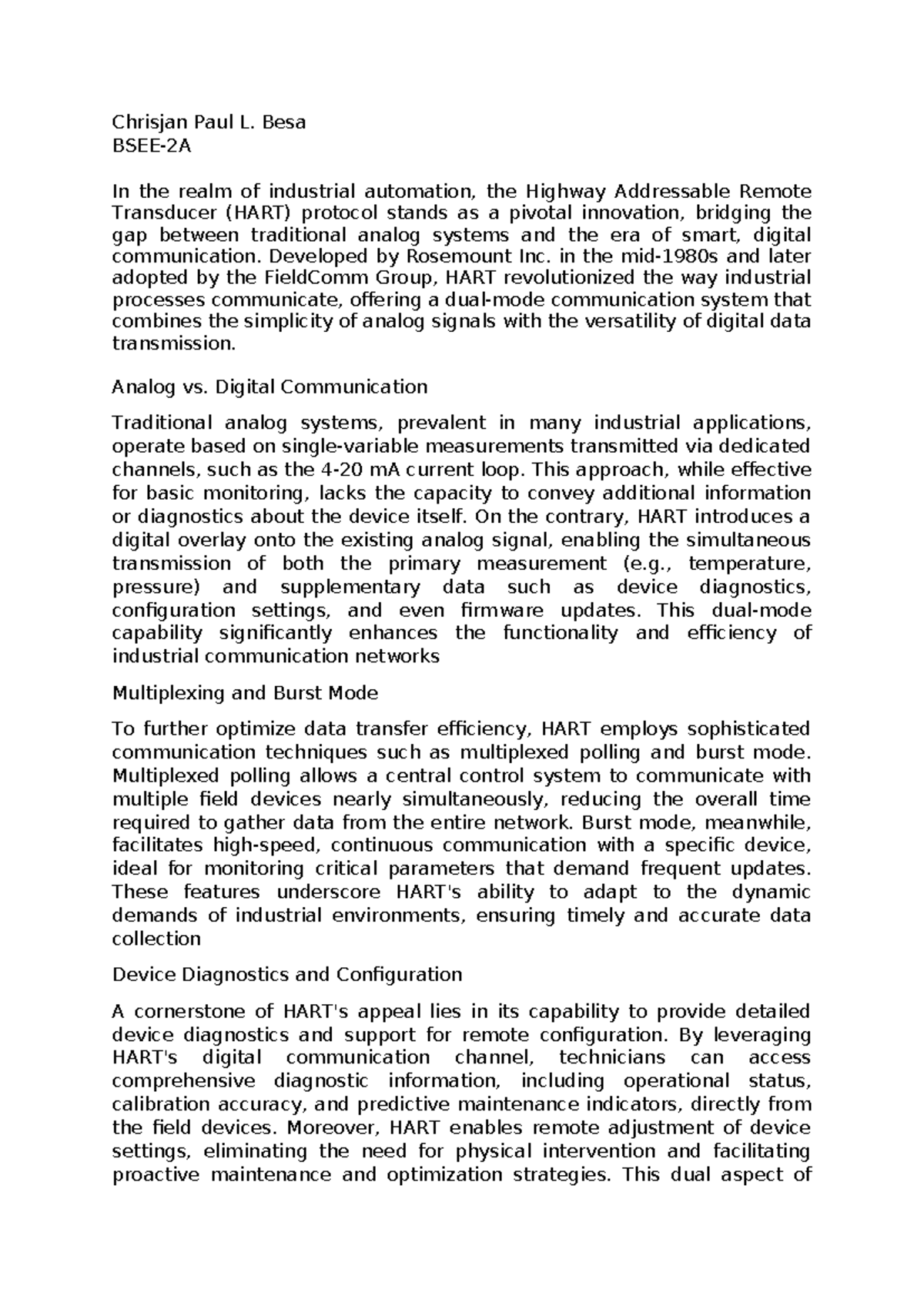 14 - HART Protocol SOFT COPY - Chrisjan Paul L. Besa BSEE-2A In the ...