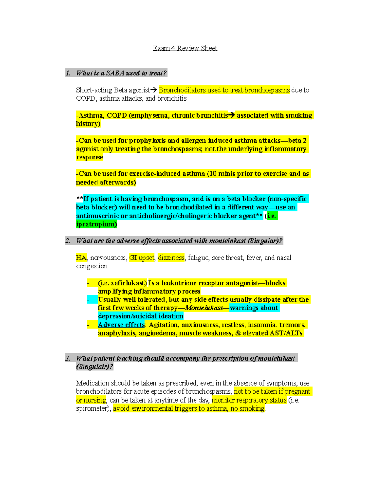 Exam 4 Review Sheet - Exam 4 Review Sheet 1. What is a SABA used to ...