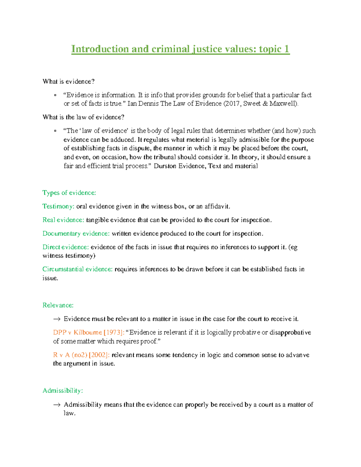 Law of Evidence - Introduction and criminal justice values: topic 1 ...