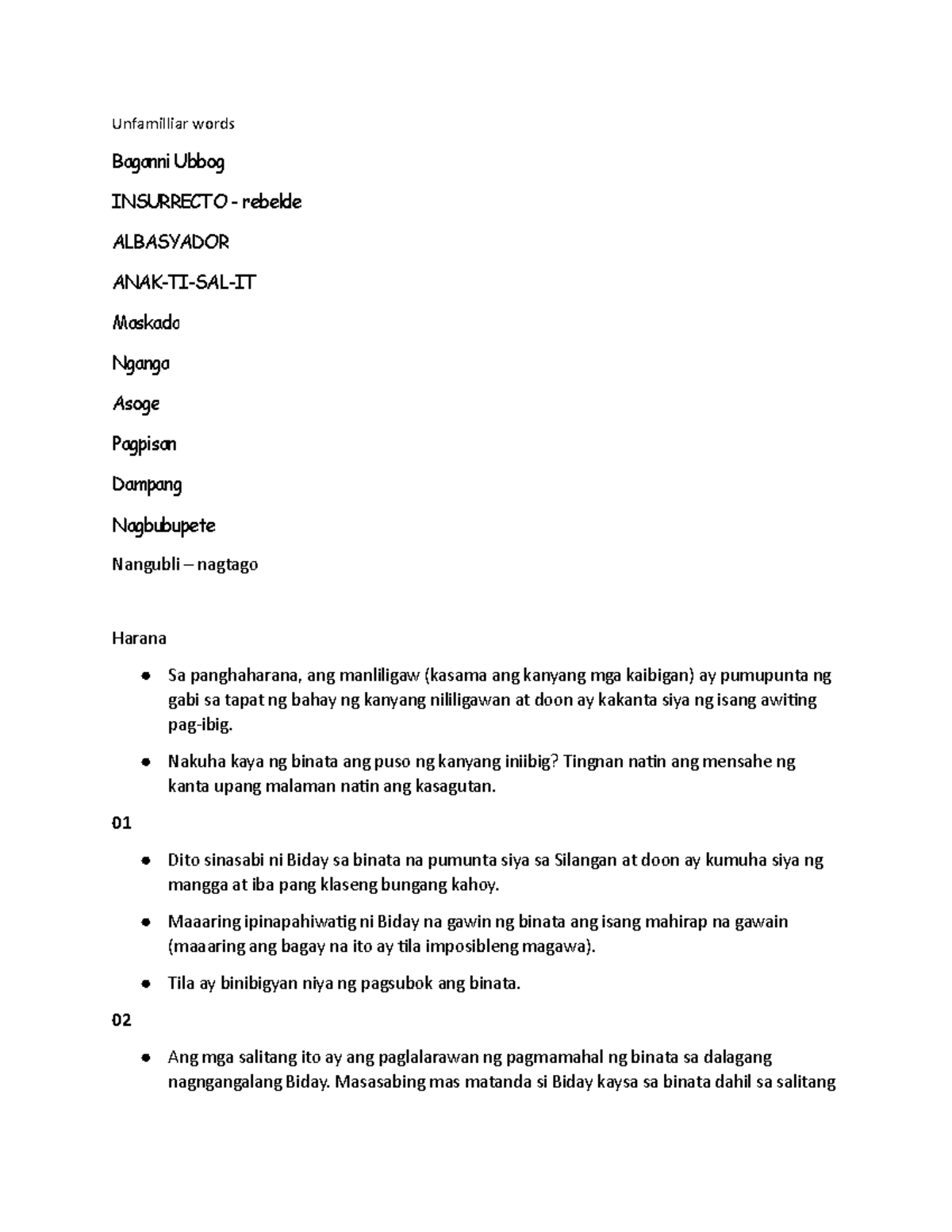 Unfamilliar words - NOTES - Unfamilliar words Baganni Ubbog INSURRECTO ...