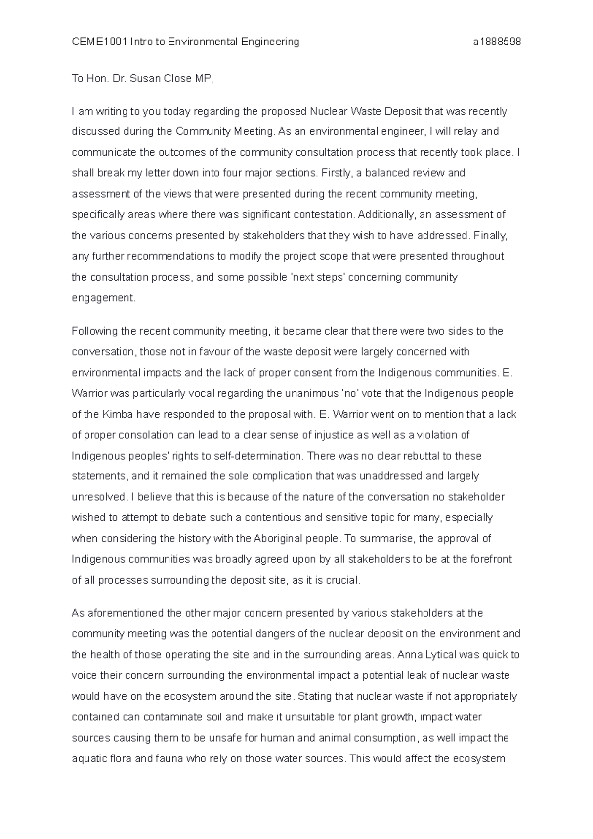 Assignment 2B Letter - CEME1001 Intro to Environmental Engineering a To ...