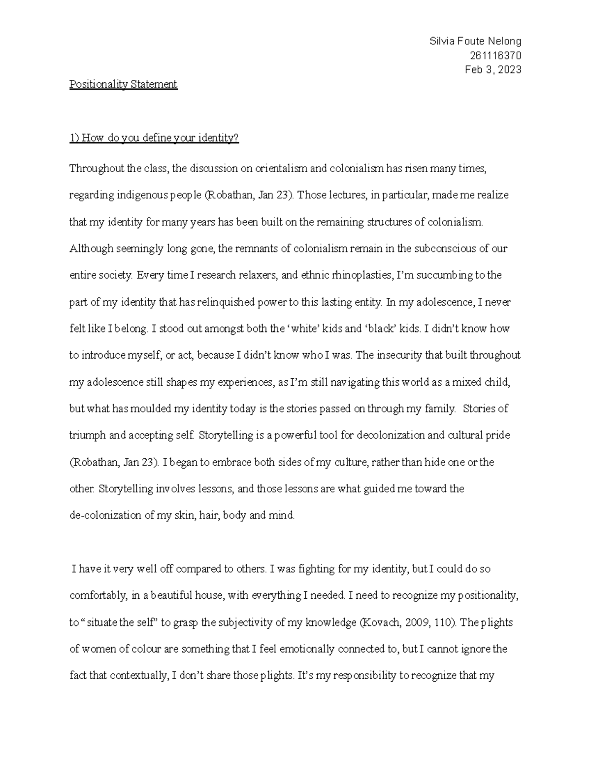 Positionality Statement - 261116370 Feb 3, 2023 Positionality Statement ...