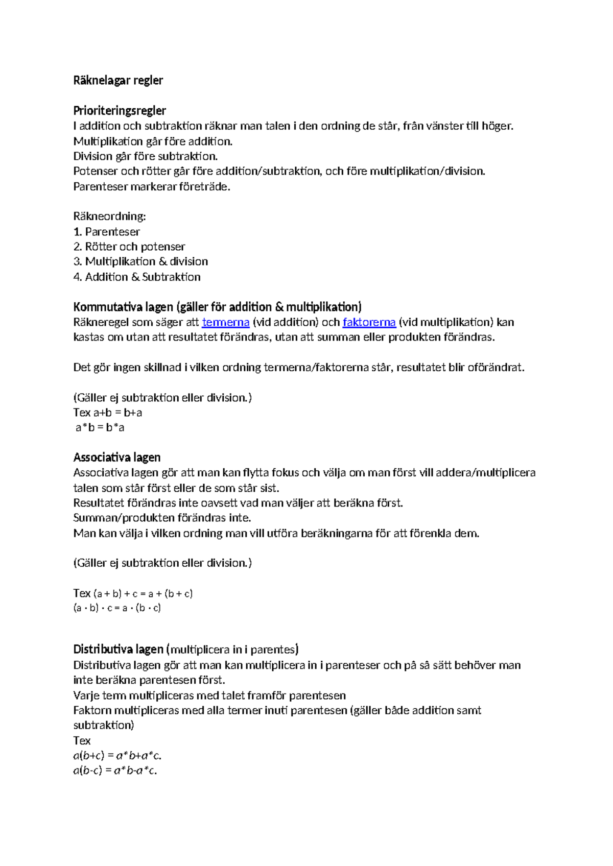 Räknelagar - matte - Räknelagar regler Prioriteringsregler I addition ...