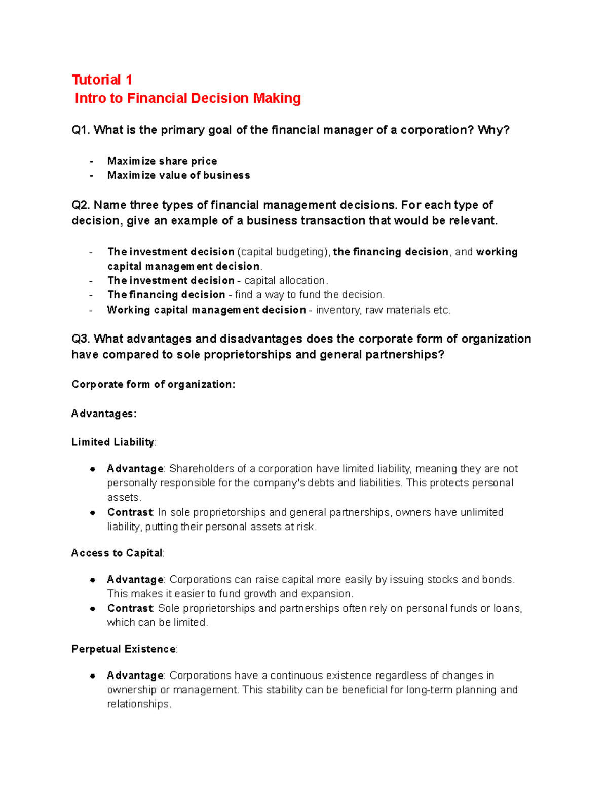 BSNS114 Tutorial 1 - Notes - Tutorial 1 Intro to Financial Decision ...