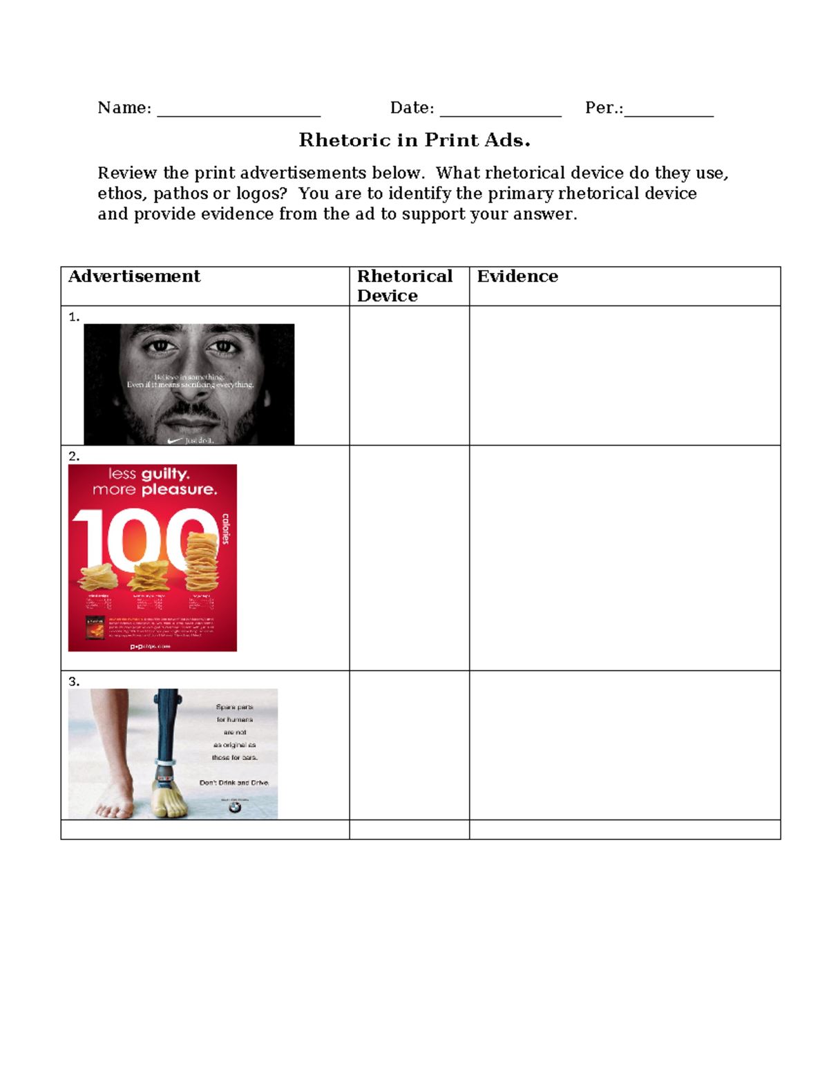 Rhetoric in Print Ads - hajssjsjsjss - Name: ____________________ Date