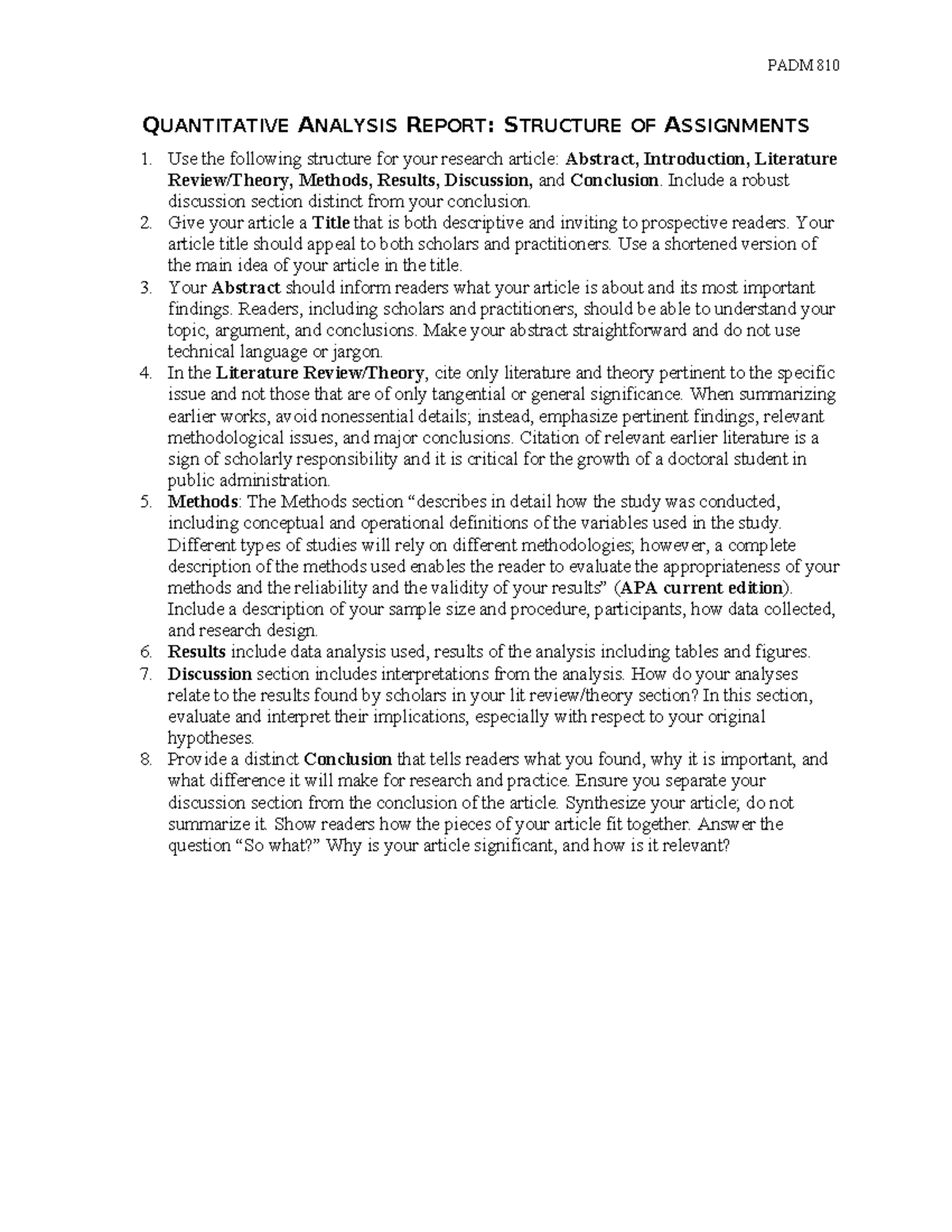 Quantitative Analysis Report Structure of Assignments - PADM 810 QUANTITATIVE ANALYSIS REPORT ...