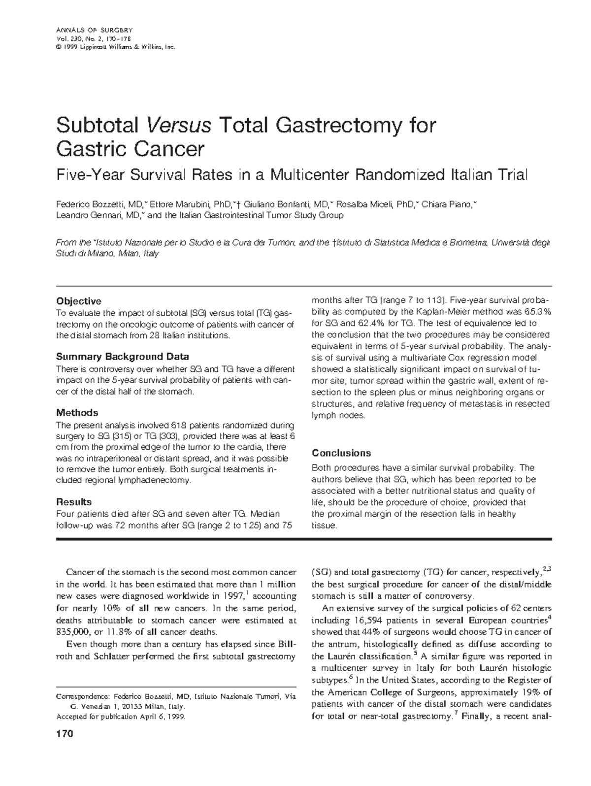 Bozzeti gastrectomia subtotal vs total - Subtotal Versus Total ...