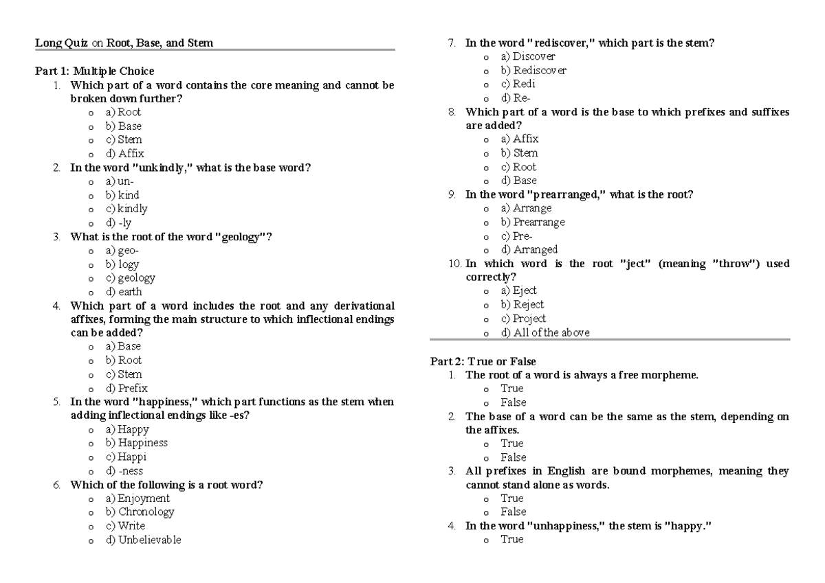 Root, Base & Stem - quiz - Long Quiz on Root, Base, and Stem Part 1 ...