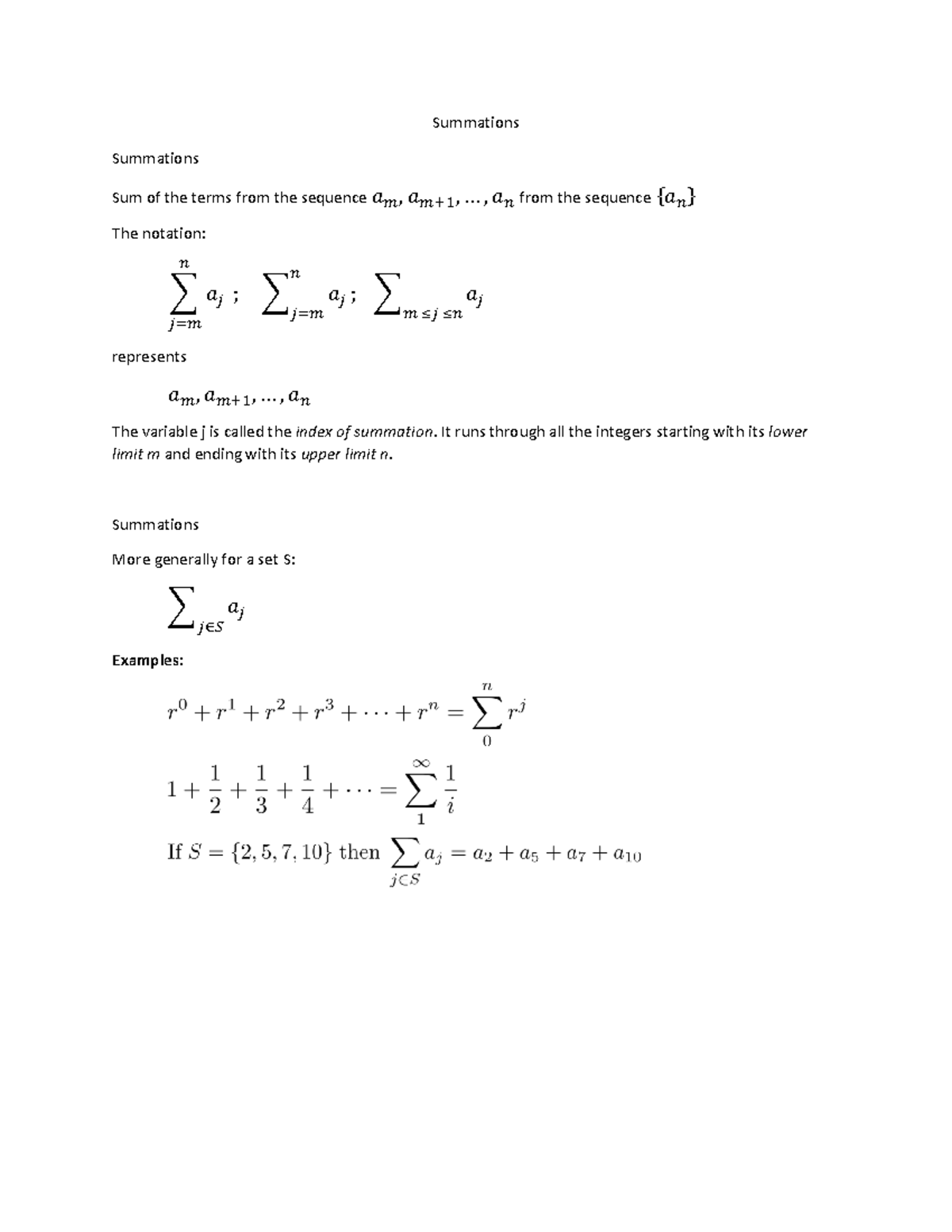 Summationsoutline - summationoutline - Summations Summations Sum of the ...