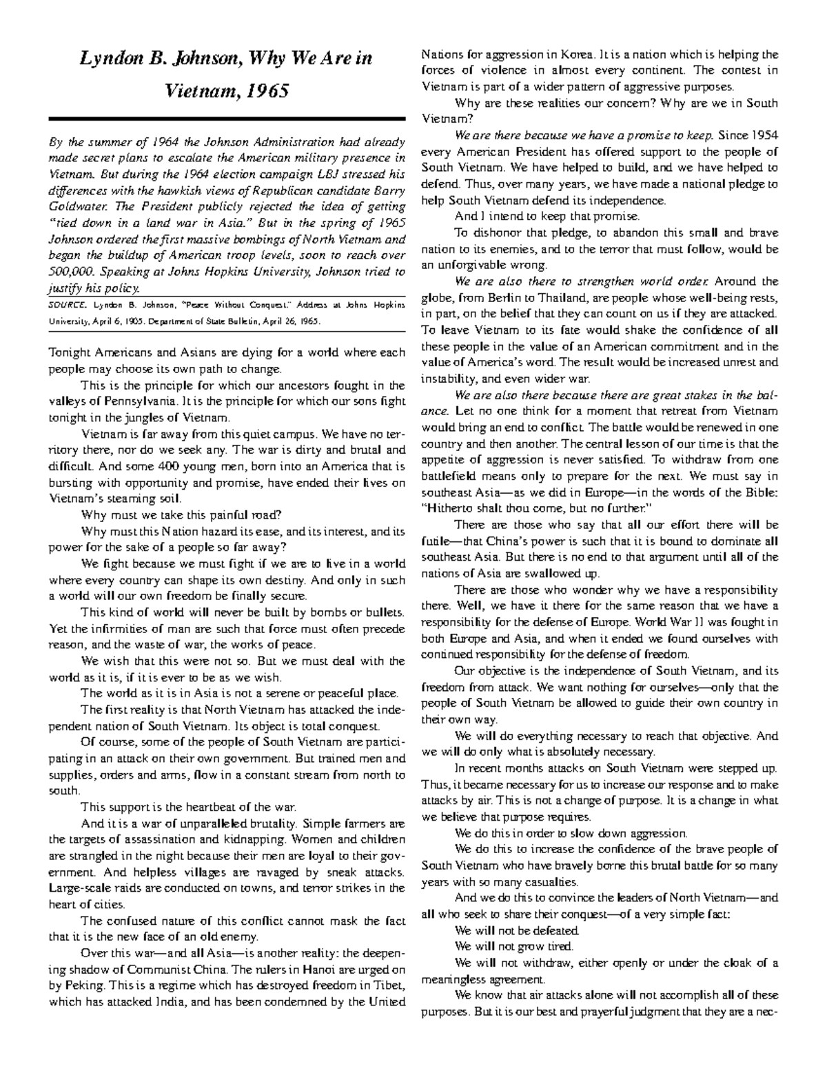 Vietnam LBJ speech - Primary source - Lyndon B. Johnson, Why We Are in ...