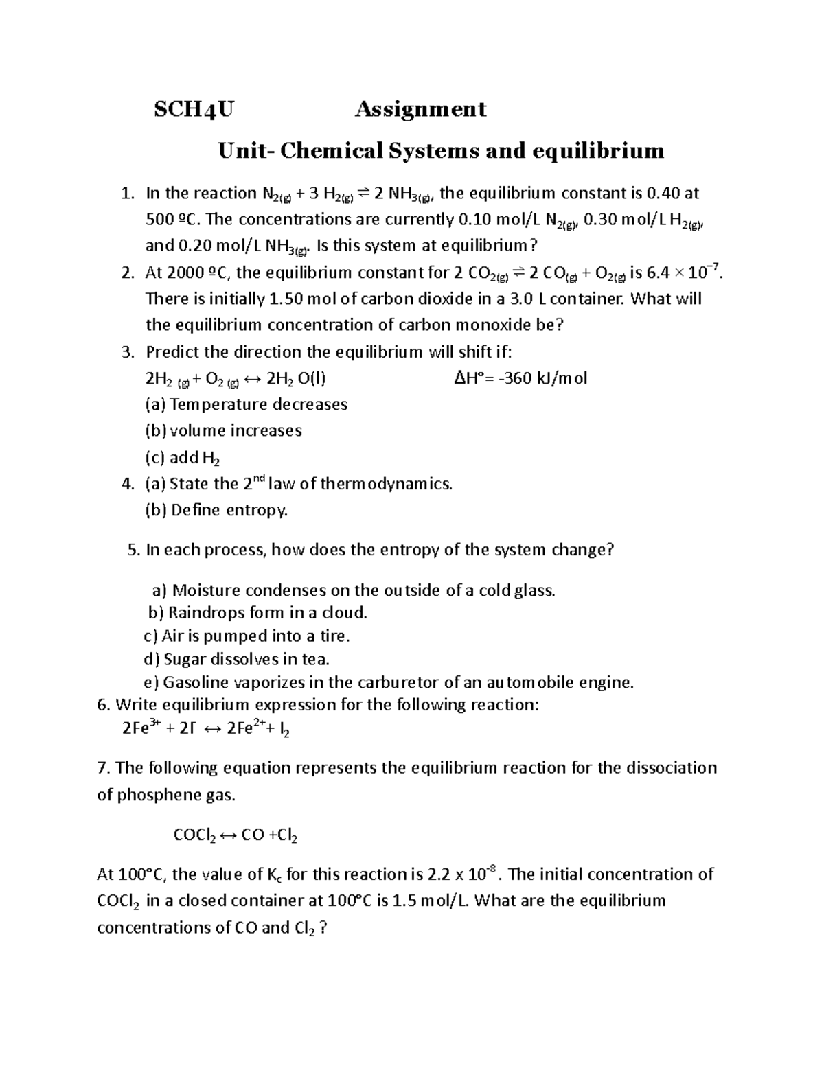 SCH4U Assignment unit- chemical systems - SCH4U Assignment Unit ...