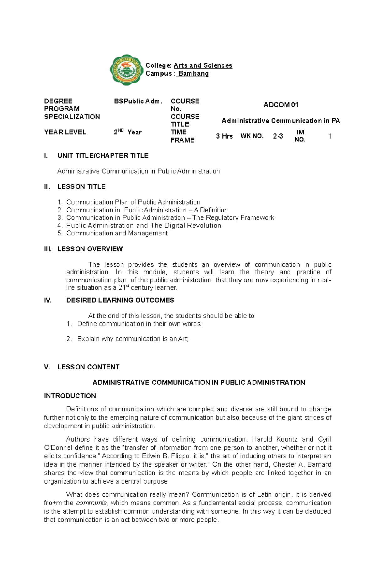 Adcom-Chapter-1 - College: Arts and Sciences Campus : Bambang DEGREE ...