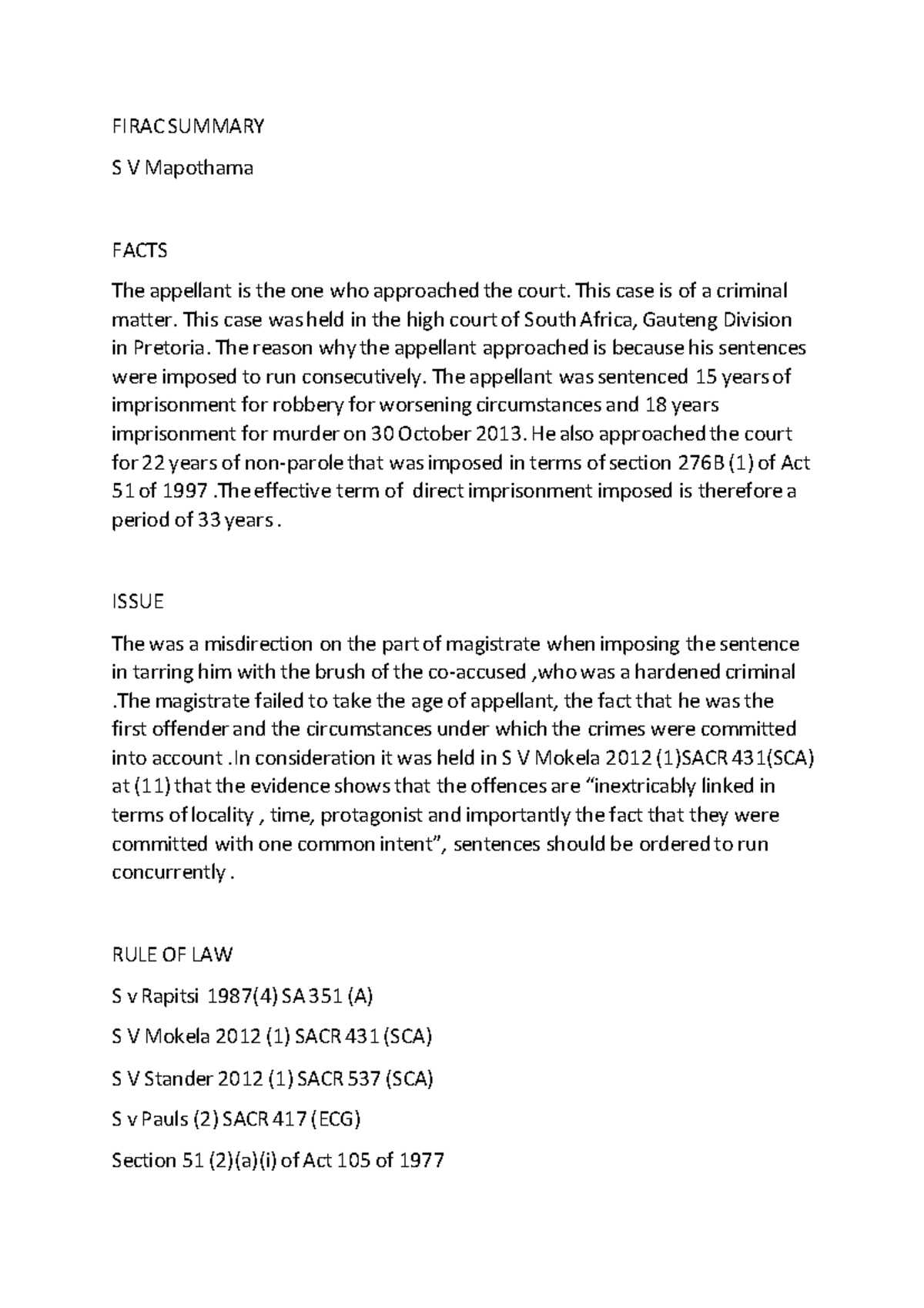 EALL 1508n Firac Summary - FIRAC SUMMARY S V Mapothama FACTS The ...