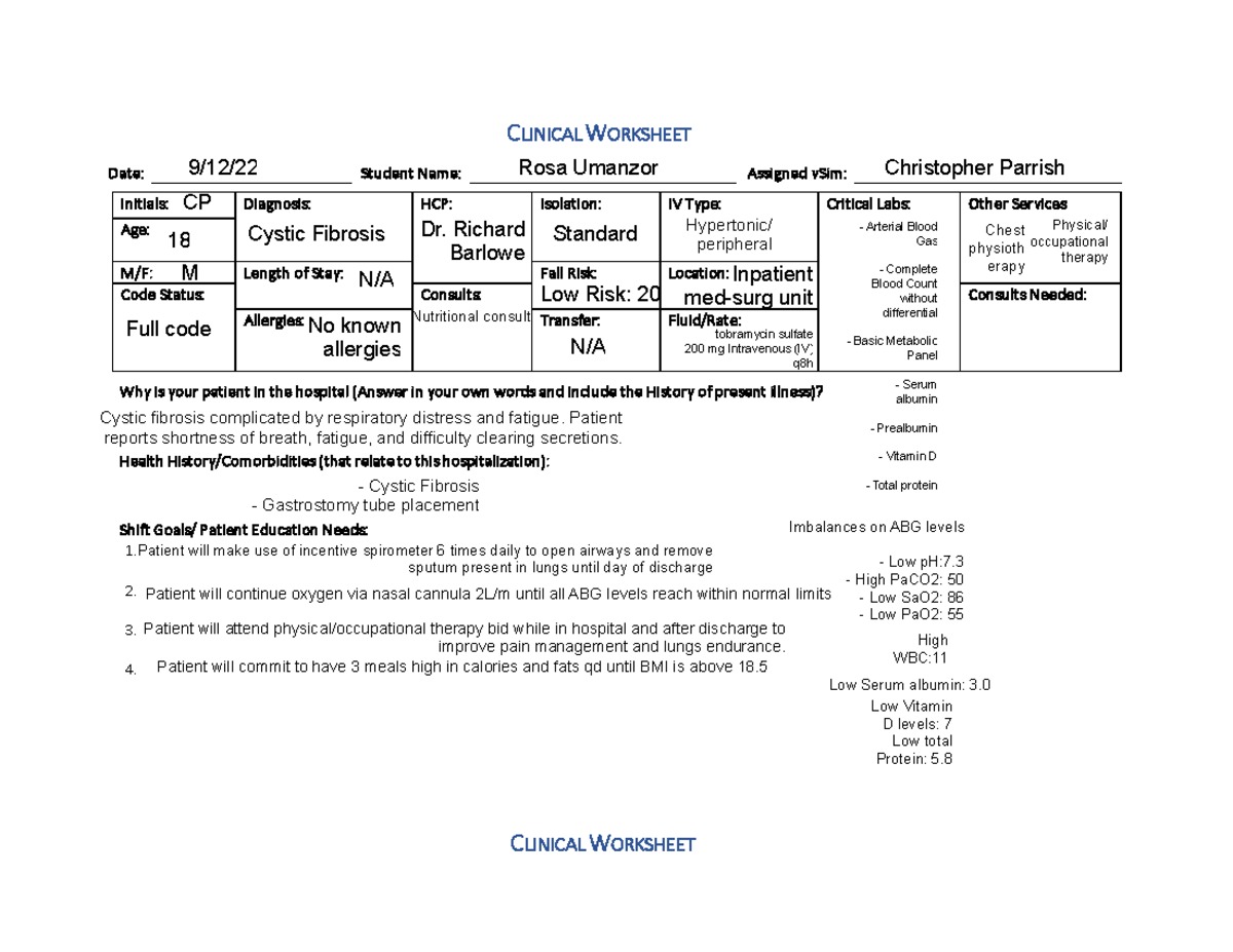 Clinical Worksheet #3 - CLINICAL WORKSHEET Date: Student Name: Assigned ...