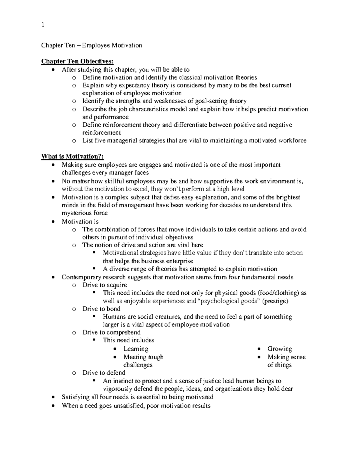 Chapter Ten Notes - Davis - 1 Chapter Ten Employee Motivation Chapter ...